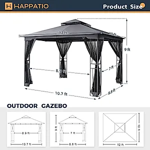 HAPPATIO 10' X 12' Patio Gazebo with Ventilation Double Roof，Outdoor Gazebo with Mosquito Netting for Lawn, Garden (Grey)