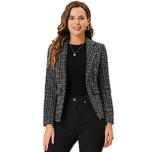Allegra K Women's Elegant Plaid Jacket Long Sleeve Open Front Tweed Blazer Medium Black