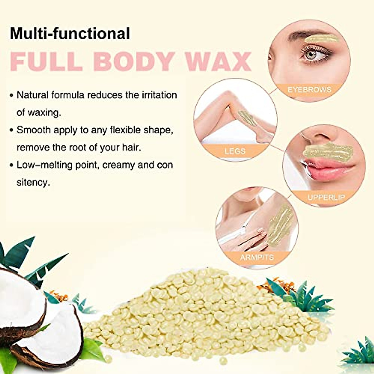 Hard Wax Beads for Sensitive Skin Hair Removal, 1.1LB Painless Pearl Waxing Beans with 20 Spatulas for Bikini, Eyebrow, and Facial At-Home Waxing for Women and Men (Cream)