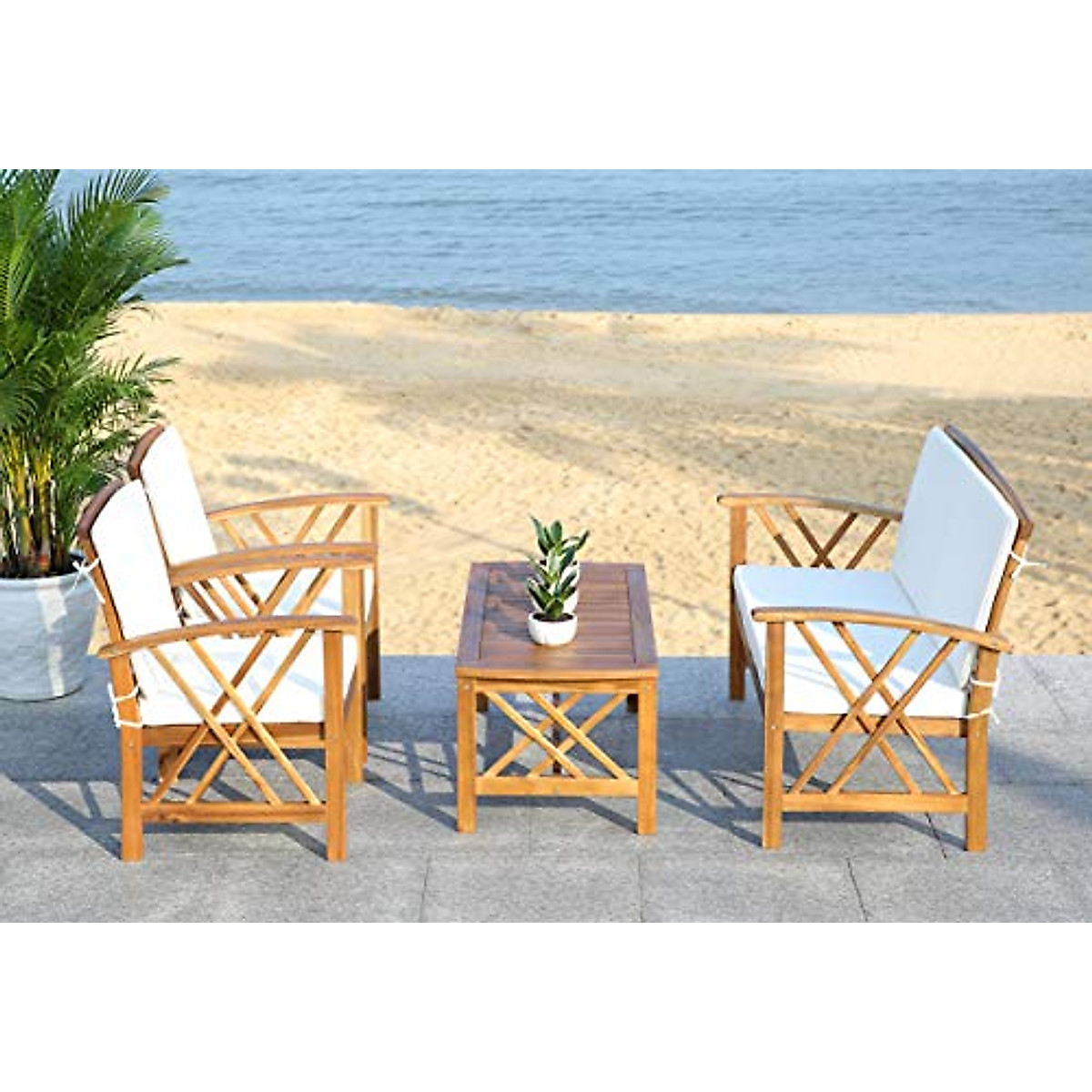 SAFAVIEH Outdoor Collection Fontana Natural/ Beige 4-Piece Conversation Patio Set with Cushions