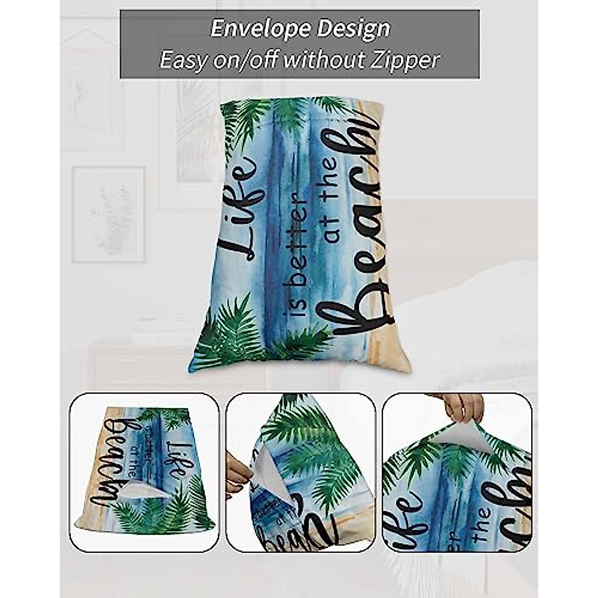 Life is Better at The Beach Pillow Covers Standard Size Set of 2 Bed Pillow, Summer Blue Ocean Tropical Plants Plush Soft Comfort for Hair/ Skin Cooling Pillowcases with Envelop Closure 20''x26''
