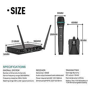 Debra Audio Pro UHF 4 Channel Wireless Microphone System with Cordless Handheld Lavalier Headset Mics, Metal Receiver, Ideal for Karaoke Church Party (with 4 Handheld (A))