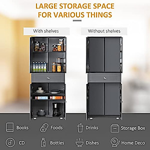 HOMCOM 72" Freestanding Kitchen Pantry Cabinet with 2 Large Double Door Cabinets and 1 Center Drawer, Grey