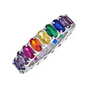 AAA Cubic Zirconia LGBTQ Colorful Rainbow Oval Cut Multi Color CZ Eternity Ring Anniversary Wedding Band For Women .925 Sterling Silver 5MM Stackable Rings