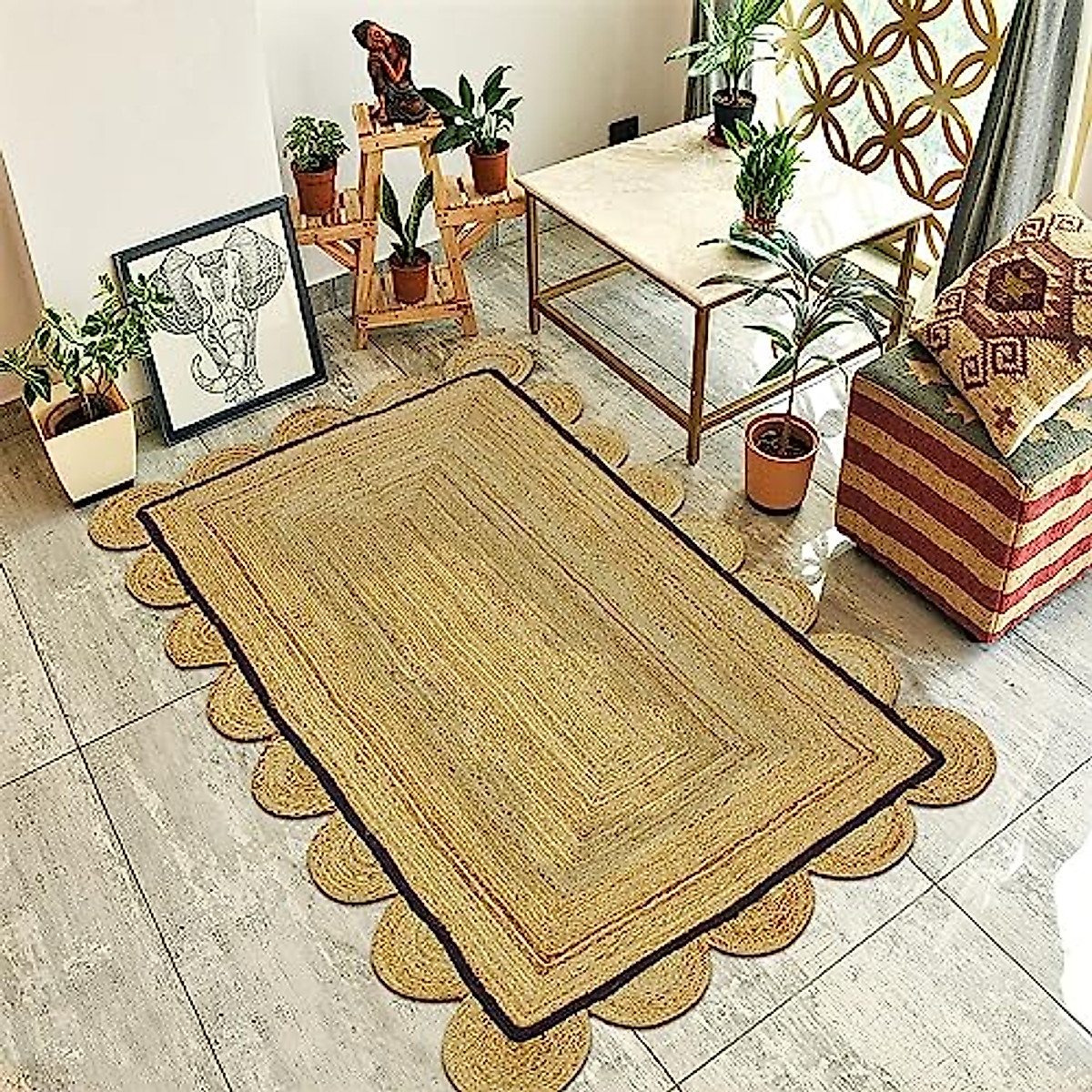 Casavani Scalloped Collection Rectangular Area Trend Rug - 4' x 6', Beige and Yellow, Braided Jute Rug With Scallop Design Ideal for High Traffic Areas in Entryway, Living Room, Bedroom