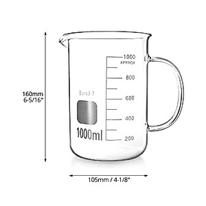 QWORK Beaker with Handle, 1000ml/33.81oz, Measuring Cup, Borosilicate Glass, Beaker Mug with Pouring Spout, 4 Pack