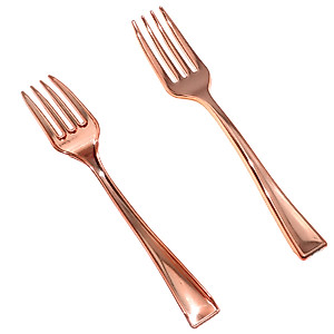 Lind Kitchen 24PCS 9.8cm Disposable Rose Gold Mini Fork Mini Plastic Tasting Forks Disposable Mini Fork Fruit Dessert Pudding Fork for Appetizer Desserts Cocktail Cake Fruit Wedding Party