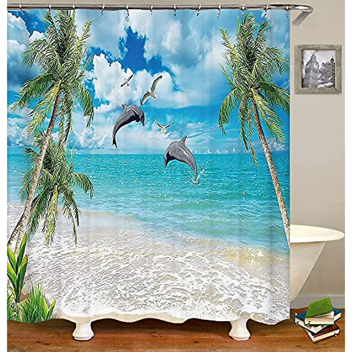 AKvsoze 4PCS Set Tropical Ocean Beach Dolphin Shower Curtain, Teal Sea Blue Sky White Clouds Seagull Green Palm Leaf Seaside Island Scenery Marine Life Bathroom Decor, Non-slip Bath Rugs, Coconut Tree