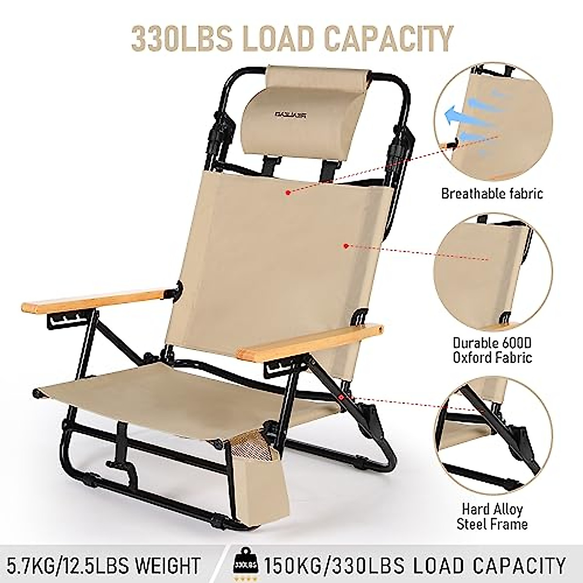 REALEAD Reclining Beach Chairs for Adults - Extendable High Back Low Profile Beach Chair with Headrest, Cooler Pouch, Cup Holder, 4-Position Lay Flat Folding Beach Chairs Heavy Duty Support 330LBS