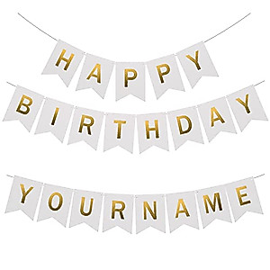 Uorbmaio White Happy Birthday Bunting Banner with Name Banner: Ideal Birthday Party Decorations Favor