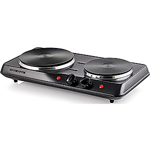 Ovente Electric Countertop Double Burner, 1700W Cooktop with 7.25 and 6.10 Inch Cast Iron Hot Plates and Temperature Control, Portable Cooking Stove, Easy to Clean Stainless Steel Base, Black BGS102B