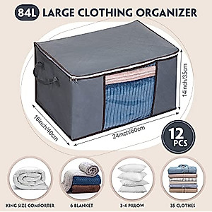 12 Pcs Jumbo Clothes Storage Bin, 84L Large Capacity Clothes Storage Bags, Giant Foldable Blanket Organizer Containers with Reinforced Handle Waterproof Clear Window for Closet Clothes Organizing