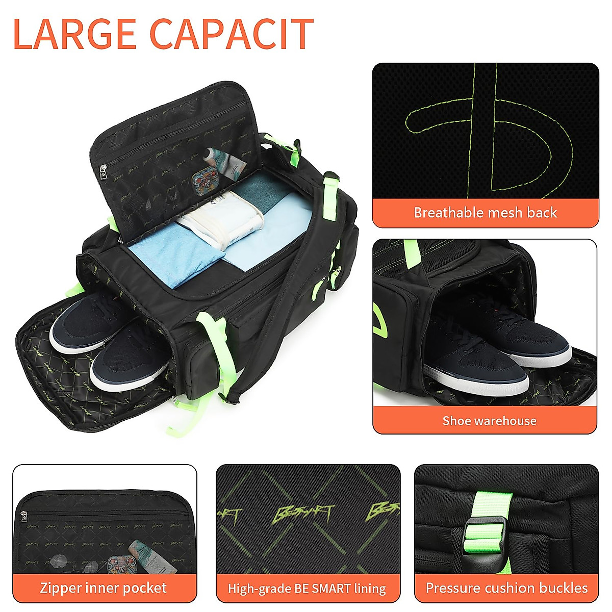 BE SMART 50L Extra Large Gym Backpack for Men, Big Gym Bag with Shoes Compartment, Waterproof Heavy Duty Duffel Bags, Men's Workout Backpacks for Outdoor Sport,Hiking,Camping,Travel (Black, XL)