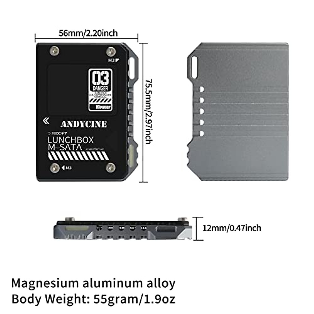 ANDYCINE Lunchbox Black Color Magnalium Case for mSATA SSD Enclosure Compatible for Samsung T5 Compatible for Atomos Ninja V ,V+
