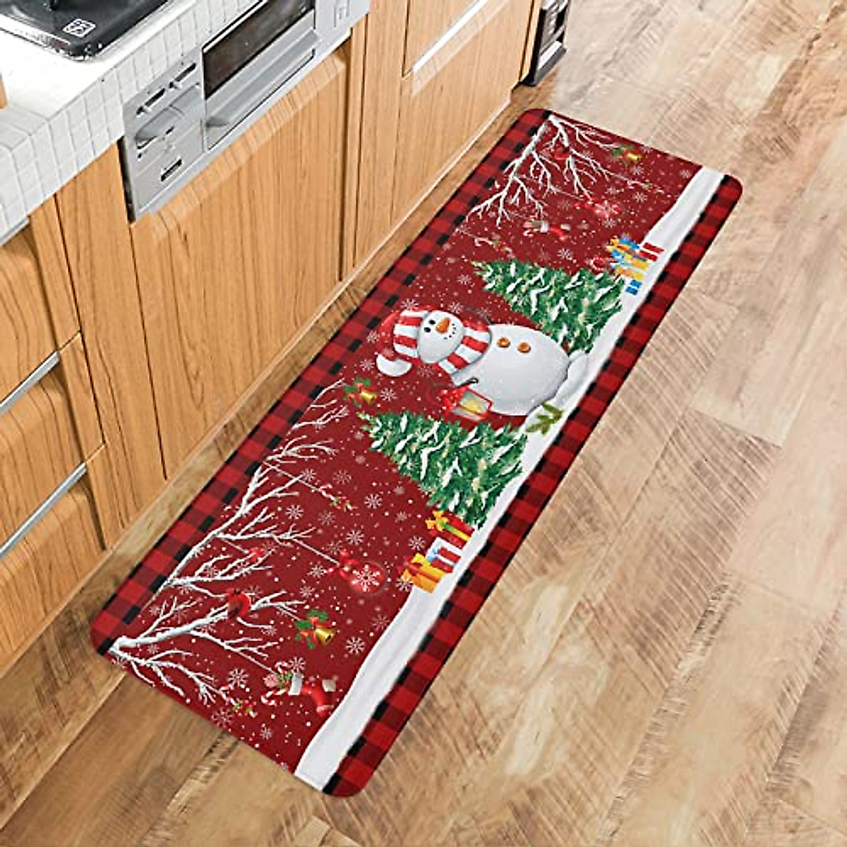 Libaoge Kitchen Mat Rug 1 PCS Christmas Snowman Xmas Tree Bird Red Black Plaid Runner Rug Anti-Fatigue Comfort Memory Foam Standing Mat Non-Slip Floor Door Mat for Bathroom Bedroom 16x47in