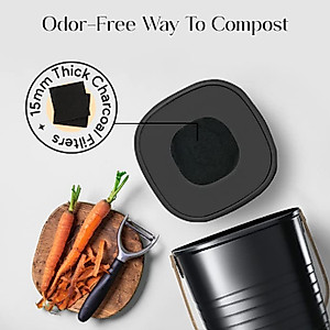 Bamboo Fiber Compost Bin Kitchen Counter - Stylish Indoor Compost Bucket for Kitchen Countertop - Includes 2 Charcoal Filters 15mm Thick - Recycling Trash Food Waste Composter Bins (Black)