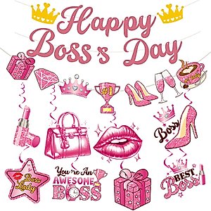 Happy Boss Day Decorations for Women,Rose Gold Happy Boss's Day Banner and Hanging Swirls for Women Best Boss Ever Decorations Office.