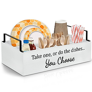 Kitchen Countertop Paper Plate Caddy Holder, Wood Utensil Caddy Holder Organizer for Plates and Cutlery, Silverware Caddy Picnic Caddy Condiment Caddy for Parties BBQ and Outdoor Kitchen Accessories