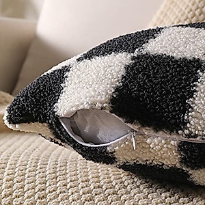 Fluffy Cesthetic Throw Pillow Covers Pack of 2 Cute Decorative Pillows Checkerboard Pattern Cushion Case Super Soft Faux Fur Wool Pillowcases for Couch Bedroom 16"*16" Black and White