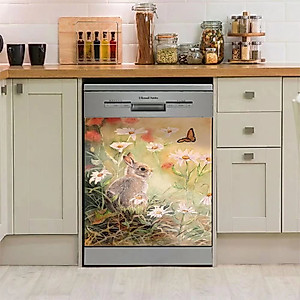 Flower and Butterfly Dishwasher Cover Magnetic Sticker Oil Painting Heat-resistant Decorative Rabbit Easter Kitchen Decoration fridge Washing Machine Magnet Panel Decal Home Decor Wallpaper 23"Wx26"H