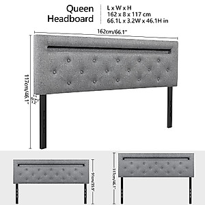 HAUSOURCE Headboards for Queen Size Bed with LED Light & USB Post Upholstered Queen Headboard with Adjustable Height Linen Fabric Padded Headboard for Queen Size Bed Mordern Head Board for Bedroom