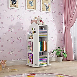 mopam 360° Rotating House Bookshelf 3-Tier Floor Standing Revolving House Bookcase Book Storage Shelf Organizer for Home Office Decor, White
