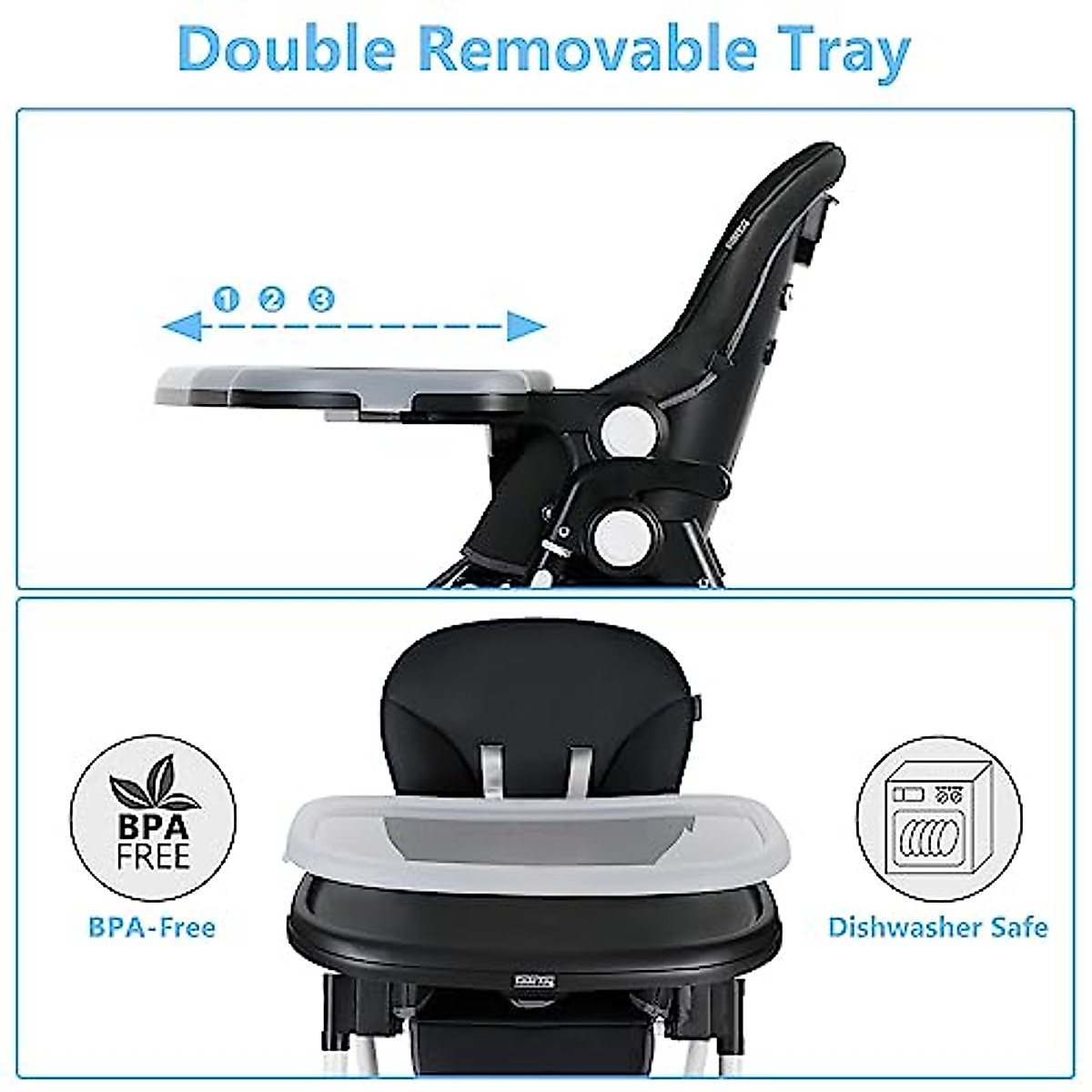 Kinder King High Chair for Babies & Toddlers, Simple Fold Highchair w/Large Storage Basket, Adjustable Height, Recline & Footrest, Detachable Double Trays, 4 Lockable Wheels, Easy to Clean, Black