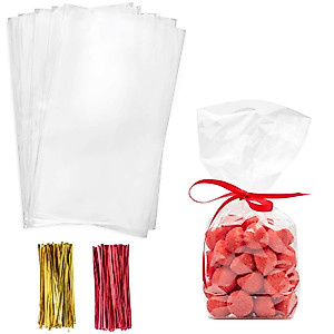 Morepack Cello Cellophane Treat Bags,6x12 Inches Cellophane Bags 200 Pcs with Twist Ties Plastic Cello Bags for Packaging Dessert,Bakery, Candies,Cookies,Chocolate,Party Favors