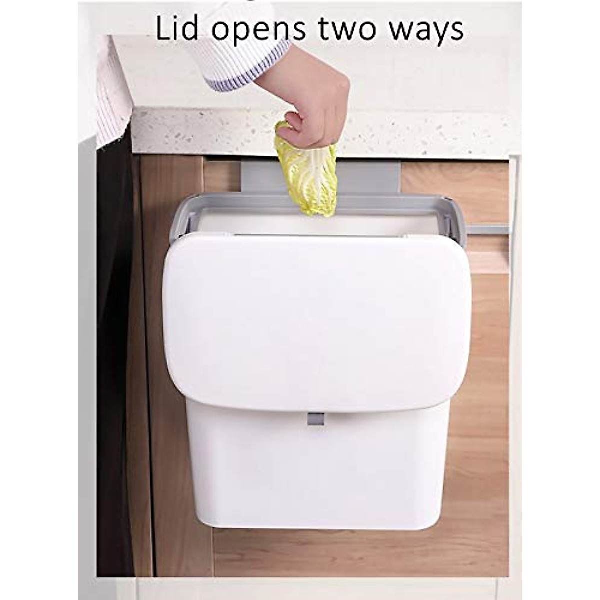 Waste Container Hanging Trash Can, Wall Mount bin with lid, Kitchen Cabinet Door, Bathroom, bar top, Double Action lid