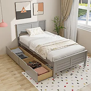 Giantex Wood Twin Bed with 2 Storage Drawers, Solid Wood Platform Bed with Headboard, Wooden Slats Support Mattress Foundation, No Spring Needed, Twin Bed Frame for Kids, Teens, Adults, Grey