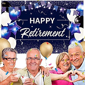 P.G Collin Happy Retirement Banner Backdrop Sign Retirement Going Away Party Decorations Supplies for Men Women 6 x 4ft, Blue White Retirement