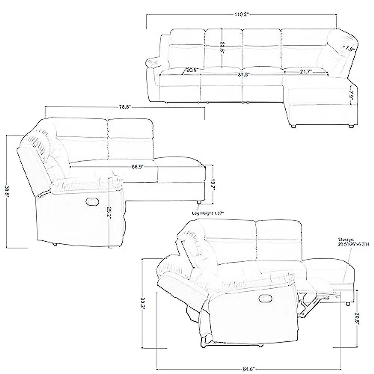 Modern Faux Leather Manual Reclining Sectional Sofa Couch with 2 Cup Holders and Sorage Chaise Lounge, L-Shaped Corner Skin Friendly PU Sofa & Couch for Home Theater Office Living Room Furniture Sets