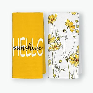 QODUNG Hello Sunshine Summer Spring Soft Kitchen Towels Dishcloths 16x24 Inch Set of 2,Hand Drawn Daisy Flower Drying Cloth Hand Towels Tea Towels for Kitchen