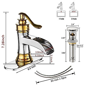 Homevacious Bathroom Faucet Waterfall Single Handle Chrome and Gold Vanity with Pop Up Drain with Overflow One Hole Lever Bath Sink Basin Restroom Mixer Tap Commercial Supply Line Lead-Free