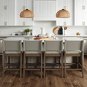 Nathan James Linus Modern Upholstered Counter Height Bar Stool with Back and Solid Rubberwood Legs in a Dark Brown Wood, Natural Light Grey/Brown, Set of 4