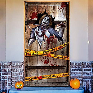 Halloween Scary Door Poster Large Horror with Warning Sign Backdrop Halloween Decoration Halloween Banner for Party Halloween Haunted House Decorations Supplies, 6 x 3 ft