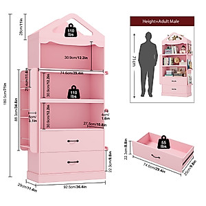 HOSTACK 71" Tall Kids Bookcase, Kids Bookshelf with 2 Drawers, 4 Tier Large Book Shelves, Wood Display Standing Cabinet with Toy Storage Organizer for Nursery, Living Room, Study, Pink