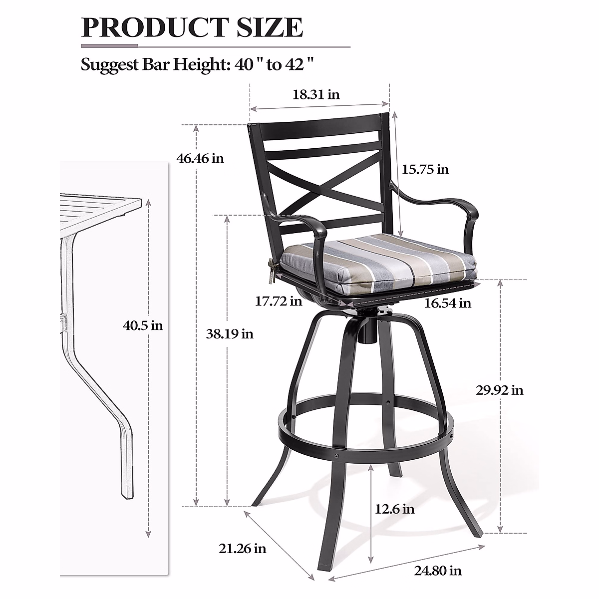 Crestlive Products Outdoor Swivel Bar Stools Set of 4, Patio Cast Aluminum Bar Stools with Sunbrella Cushion, Bar Height Chairs for Lawn, Garden, Backyard, Pool, Milano Char
