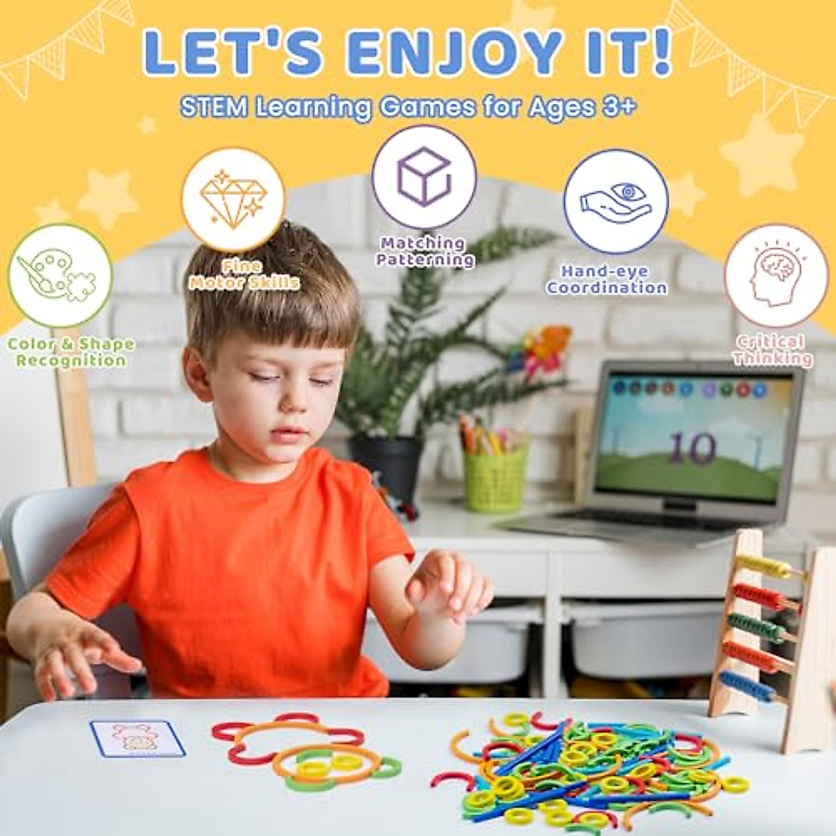120pcs Wooden Pattern Blocks, Sticks & Rings Wooden Tangram Puzzle Stem Preschool Brain Teaser Montessori Toys Gift for 3 4 5 Years Old Toddler Kids Boy Girl