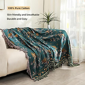 VANJOROY Boho 100% Cotton Large Throw Blanket - All Season Rustic Ultra Soft Breathable Floral Bird Blanket for Bed Sofa Couch Chair Bedspread Quilt Gift, 60" x 80"-Teal,Beige
