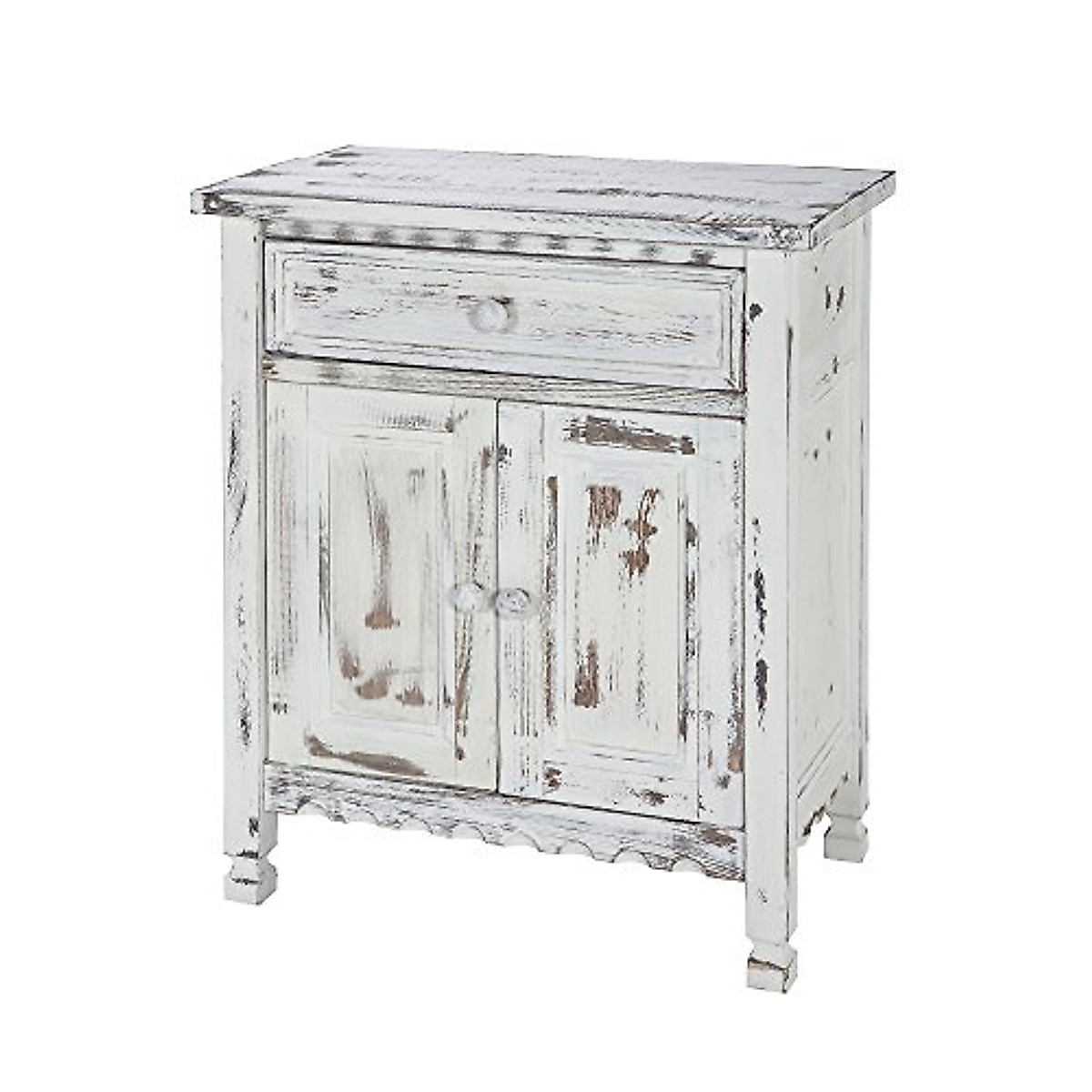 Rustic Cottage Accent Cabinet with 1 Drawer and 2 Doors, White Antique - Living Room Furniture, Functional Design with Dental Work and Turned Legs, Wipe Clean with a Dry Cloth