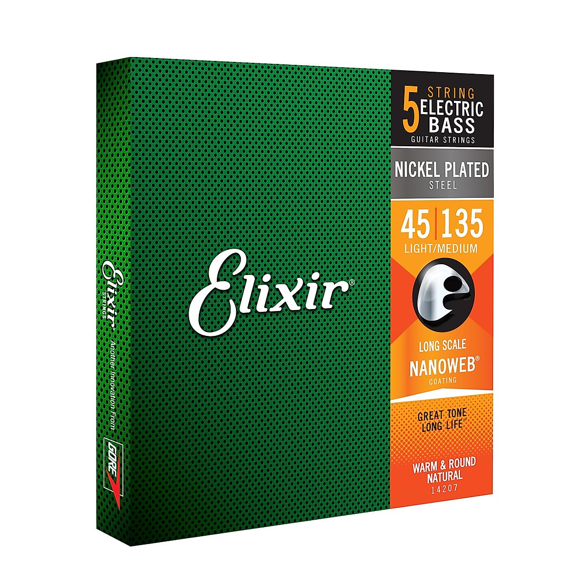 Elixir Strings Nickel Plated Steel 5-String Bass Strings w NANOWEB Coating, Long Scale, Light/Medium (.045-.135)