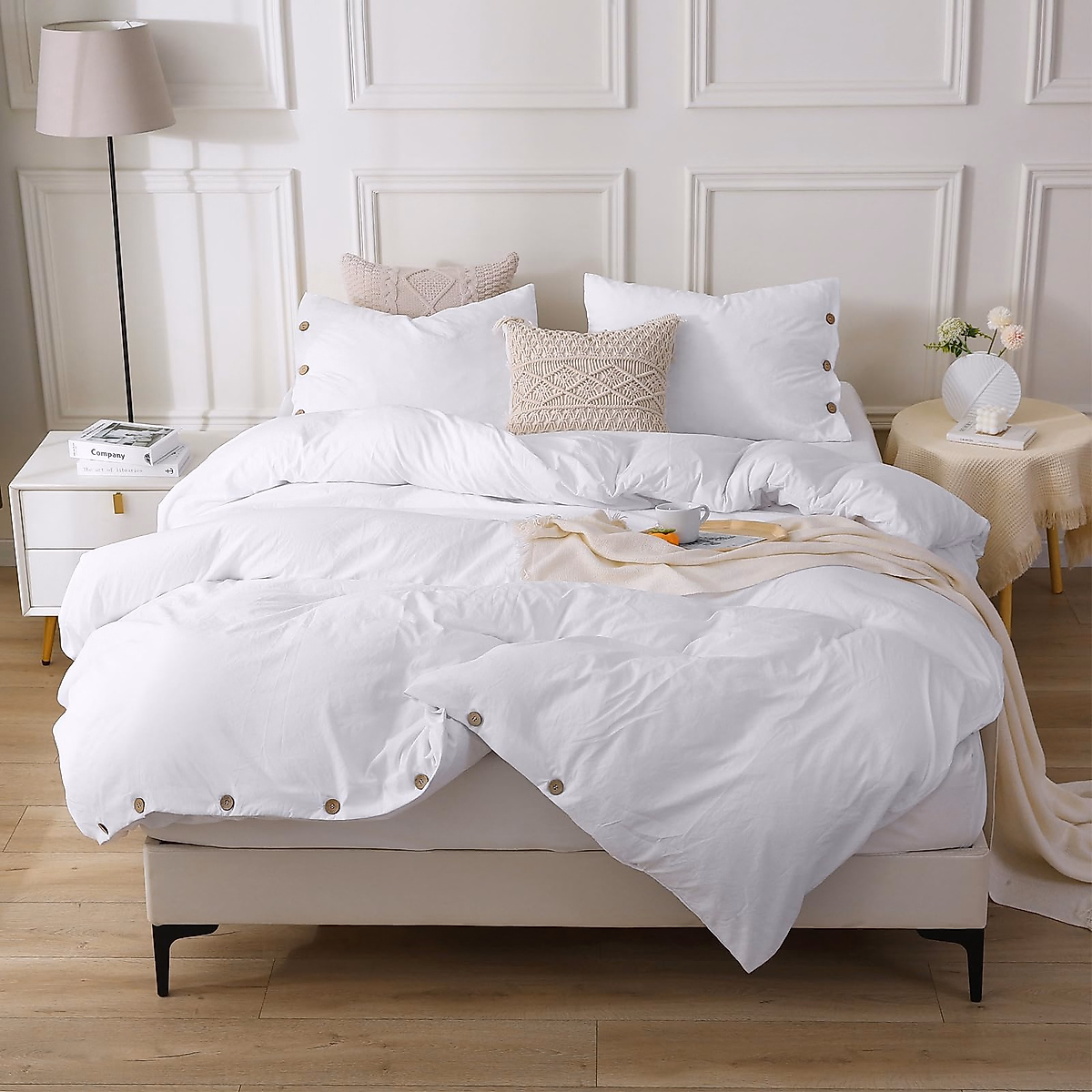 APSMILE Solid White Duvet Cover Set Queen Size, 3 Pieces with 1 Duvet Cover 90x90 Inches and 2 Shams (No Comforter), Soft Brushed Washed Cotton-Like Duvet Cover with Button Closure