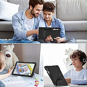 Kezigud Shockproof Kickstand Case for Galaxy Tab S9 11''/S9 FE 10.9'', Heavy Duty Hybrid Rugged Three Layer Soft Silicone+Hard PC with S-Pen Holder Cover for Samsung Tab S9/S9 FE 2023(Black)