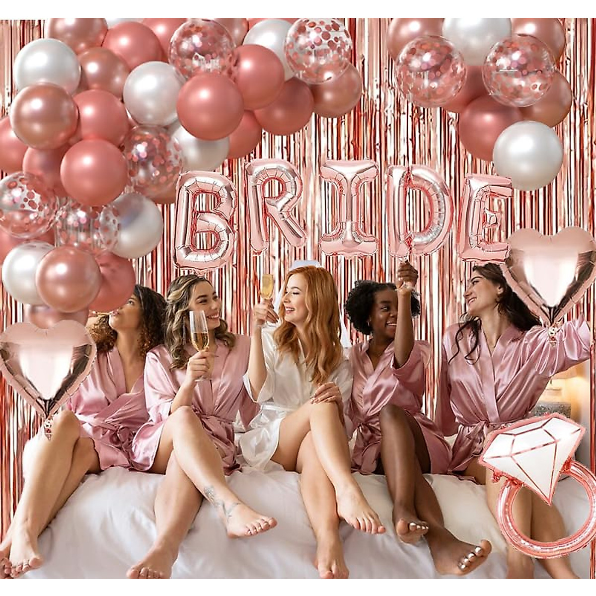 Bachelorette Party Decorations Bridal Shower Decorations - Rose Gold White Balloons, BRIDE Balloons, Curtains, Bachelorette Veil,Love Diamond Ring Champagne Balloons For Wedding Party Decorations