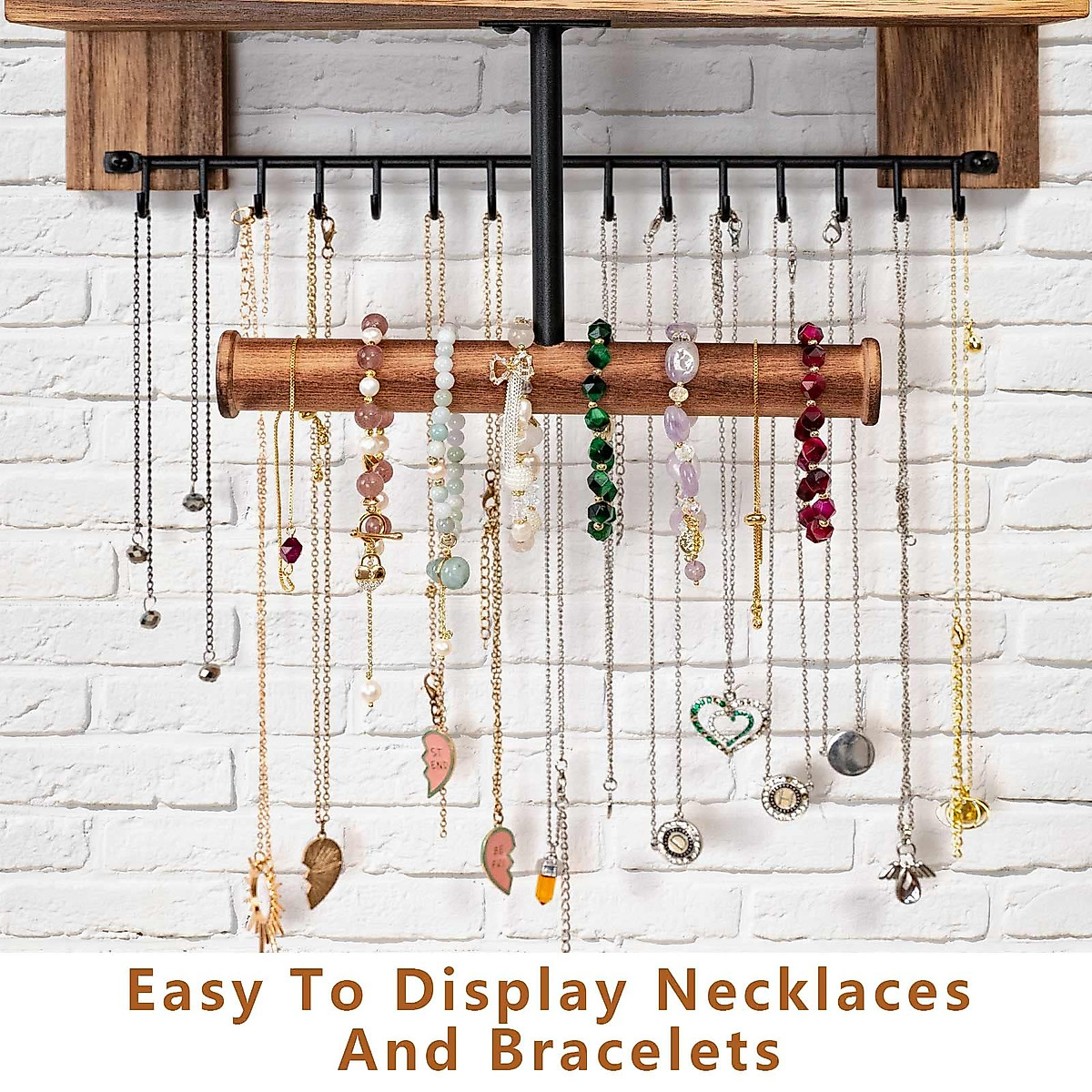 Pinzoveco Hanging Jewelry Organizer Wall Mounted With Wall Jewelry Organizer Holder For Necklaces Bracelet Earrings Ring (Rustic Wood)