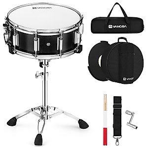 Vangoa Snare Drum Kit 14 x 5.5 Inches Marching School Band Student Beginner Practice Snare Drum with Stand, Gig Bag, 5A Drumsticks, Tuning Key, Coated Drum Head, Strap, Mute Pad, Black