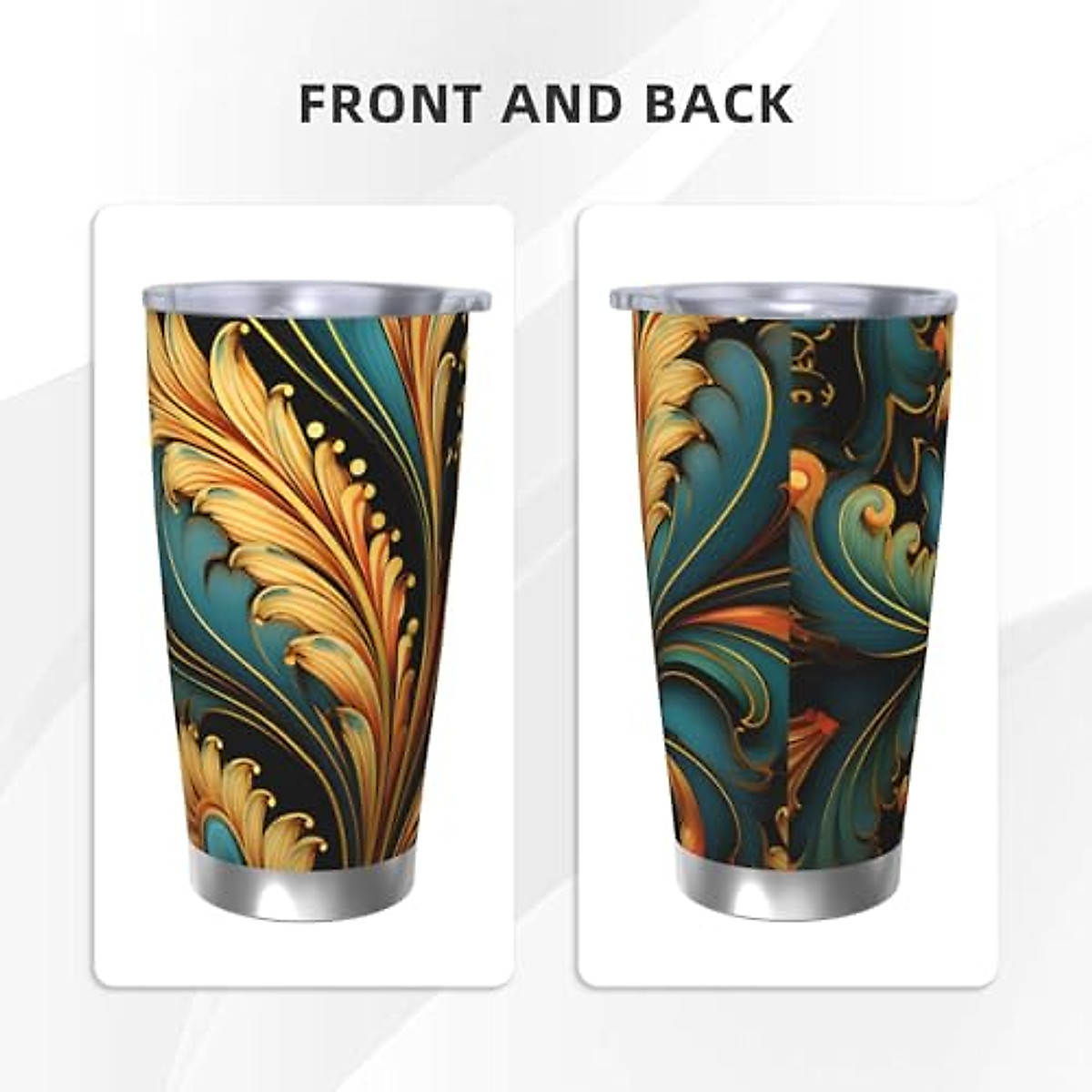 AYCZN Ethnic Peacock Feather 20 OZ Tumbler Stainless Steel Travel Coffee Mug, Mandara Flower Floral Insulated Water Bottle with Lid and 2 StrawsLeakproof Thermal Cup