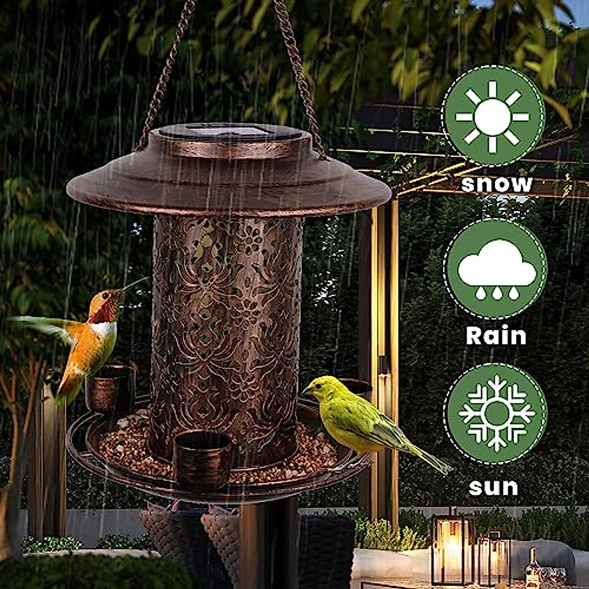 EHONBFLC Outdoor Hanging Solar Bird Feeder - Premium Metal Bird Feeder with Water Cup with S-Hook, gnaw-Proof, Weather and Water Resistant Wild Bird Feeder, a Gift for Bird Lovers. (Green)