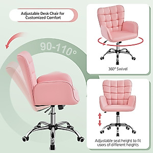 Yaheetech Faux Leather Office Chair Modern Vanity Chair Ergonomic Adjustable Makeup Chair with Padded Armrests Big Seat for Office, Study, Home, Pink